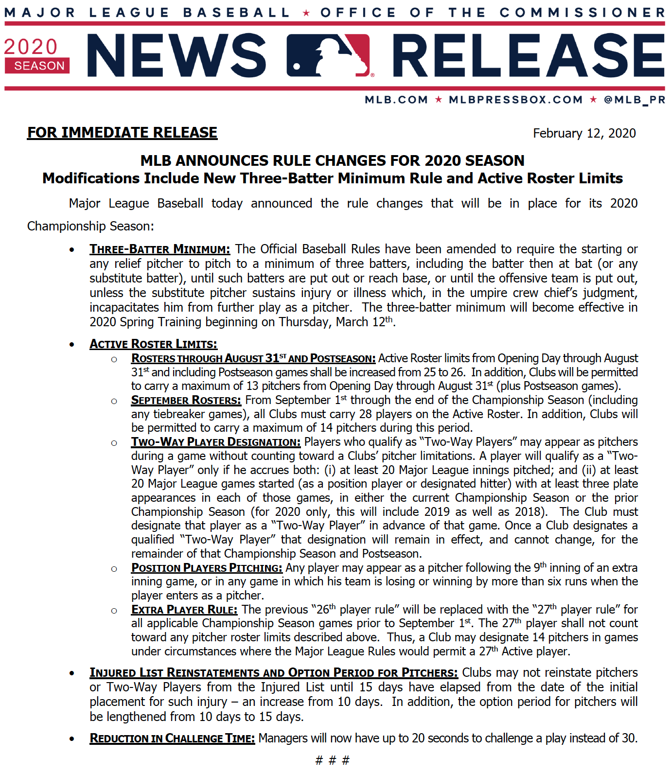 MLB Announces Rule Changes for 2020 Season - Marylandsportsblog.com