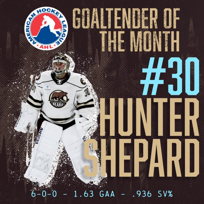 Bears Hunter Shepard Receives AHL "Tender of the Month ...